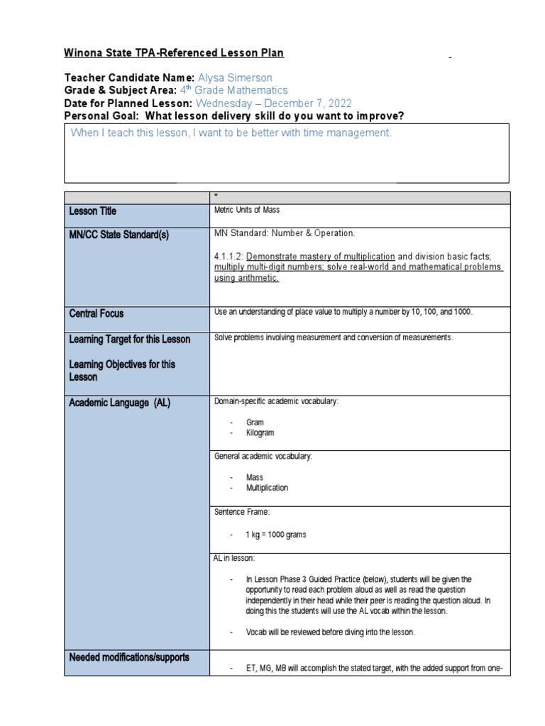 Mathematics Lesson 4-7 Edtpa | PDF
