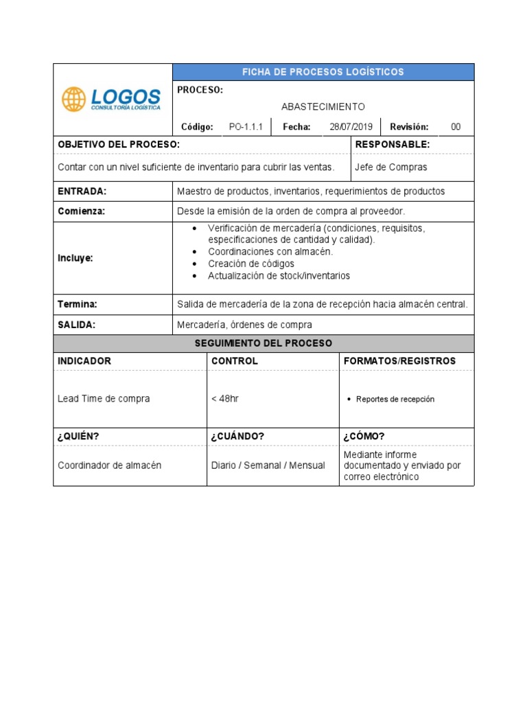 Fichas de Procesos - Indicadores | PDF | Inventario | Logística