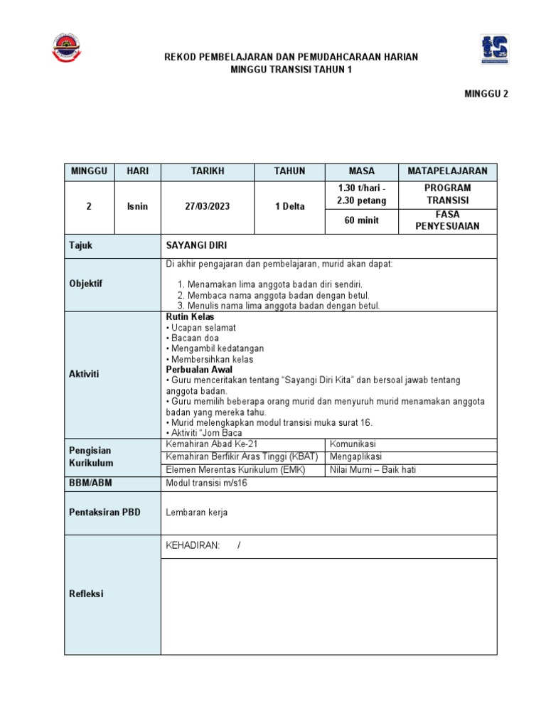 RPH Minggu 2 Transisi Tahun 1 | PDF