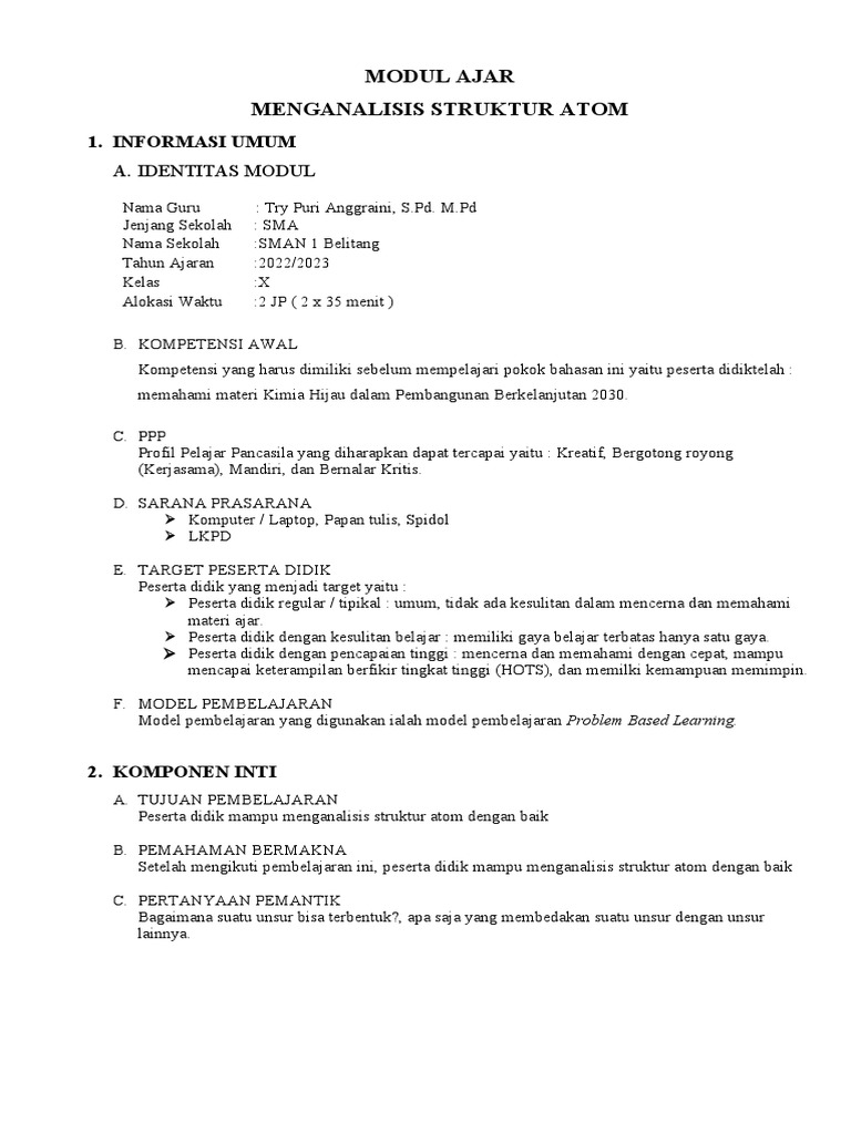 Modul Ajar Menganalisis Struktur Atom | PDF