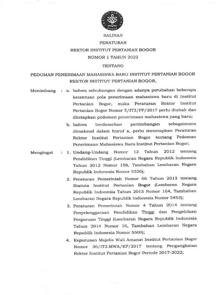 1 Tahun 2022 Pedoman Penerimaan Mahasiswa Baru Institut Pertanian Bogor | PDF