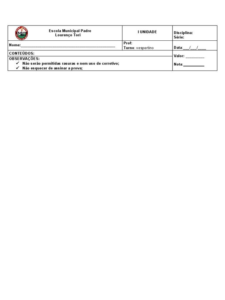 Cabeçalho para Prova | PDF