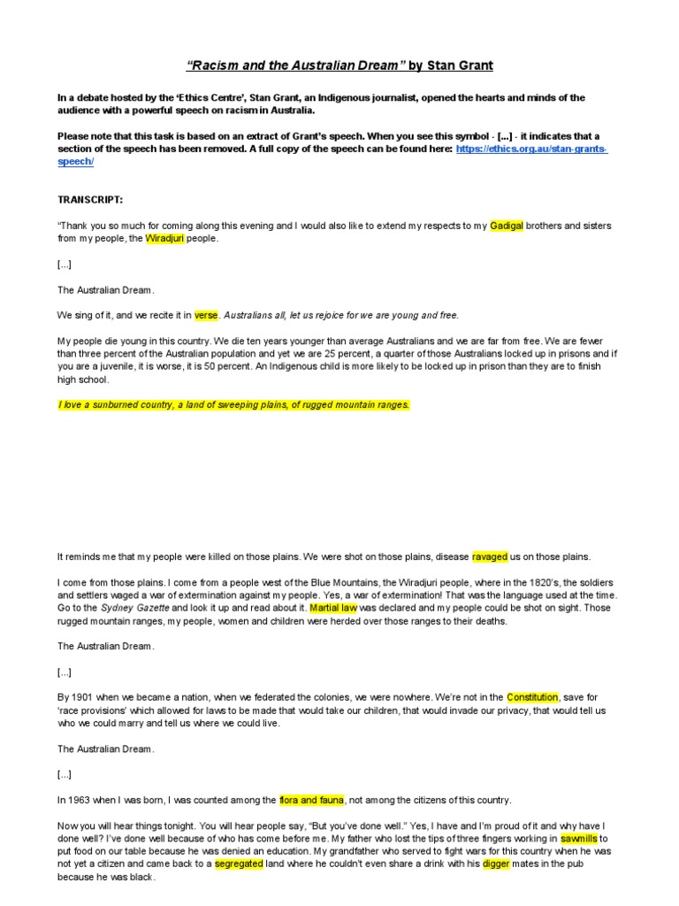 Formative Assessment Task"Racism and The Australian Dream" | PDF ...
