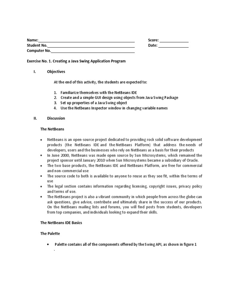 Exercise No 1 Java Swing | PDF | Applications & Software | Net Beans Exercise No 1 Java Swing | PDF | Applications & Software | Net Beans