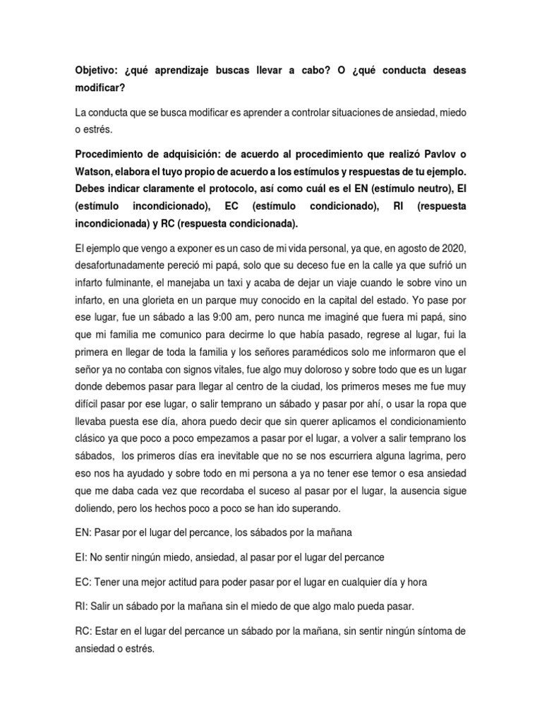 Actividad 2 Poniendo en Práctica El Condicionamiento Clásico PDF | PDF | Ansiedad | Temor