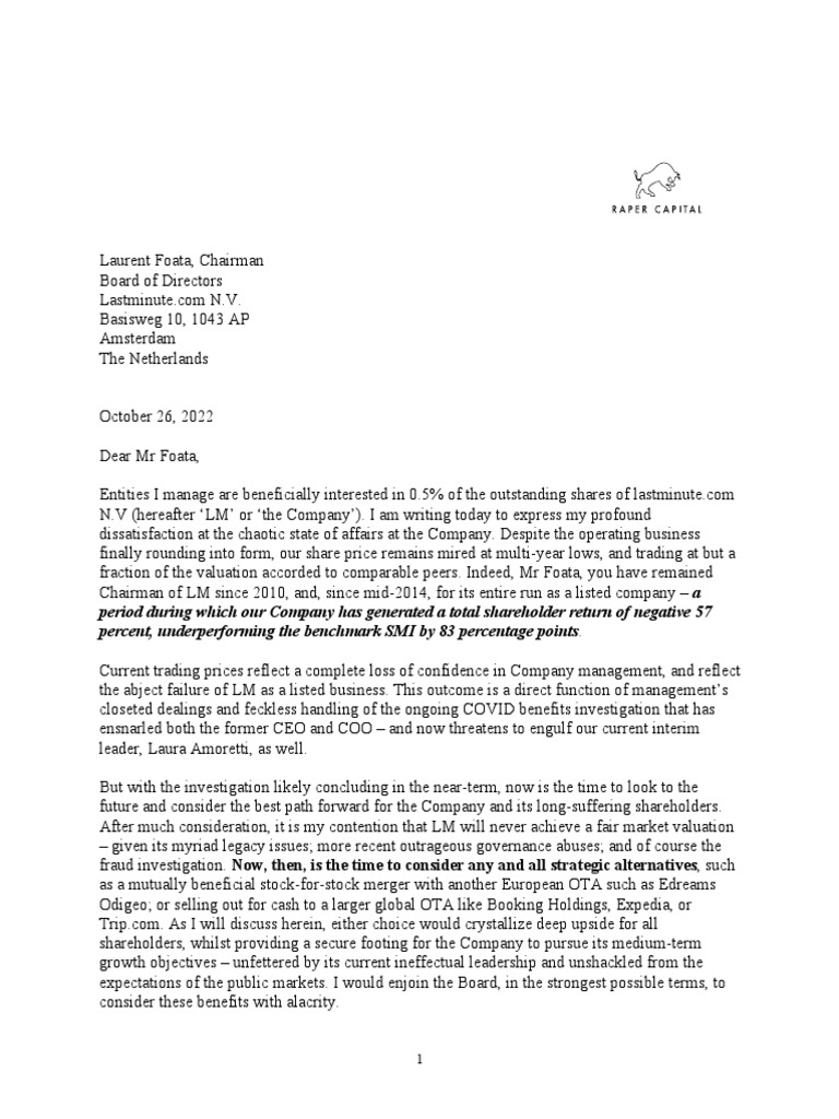 Open Letter To LMN Chairman | PDF | Mergers And Acquisitions | Companies