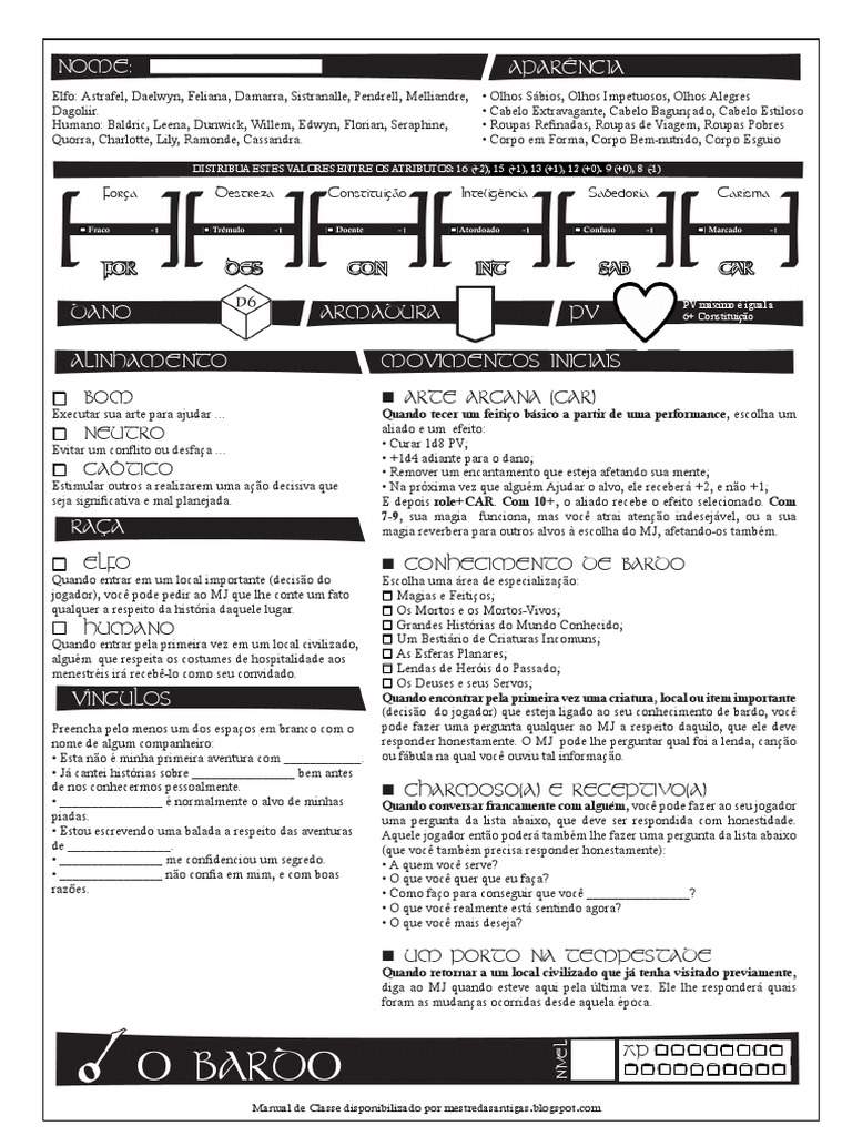 Ficha Base de Dungeon World - Bardo | PDF