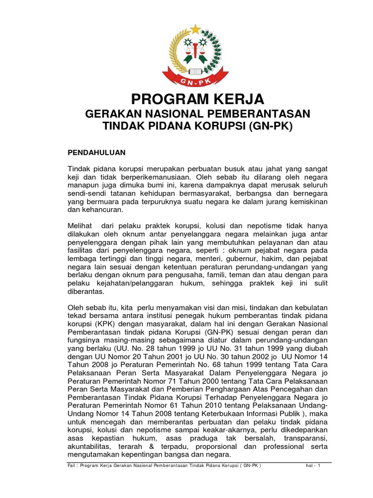 Program Kerja Gerakan Nasional Pemberantasan Tindak Pidana Korupsi (GN-PK) PDF | PDF