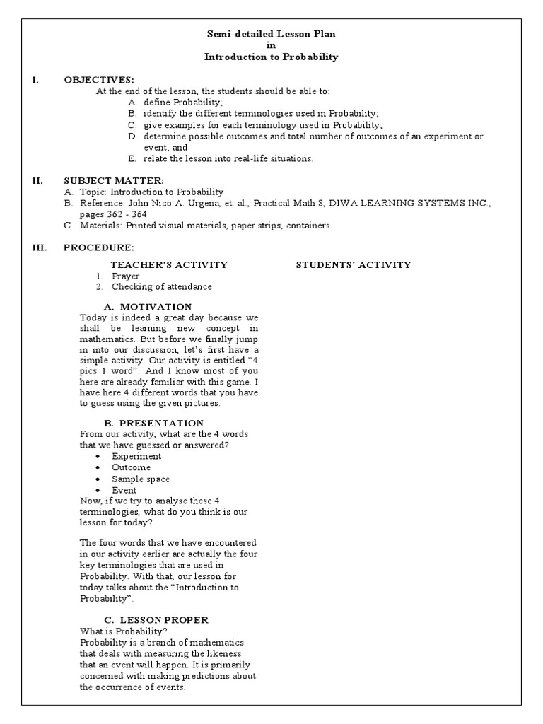 Introduction to Probability Lesson Plan | PDF | Probability | Cognition