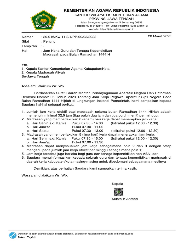20230320-Jam Kerja Selama Ramadhan 1444 H Di Madrasah PDF | PDF