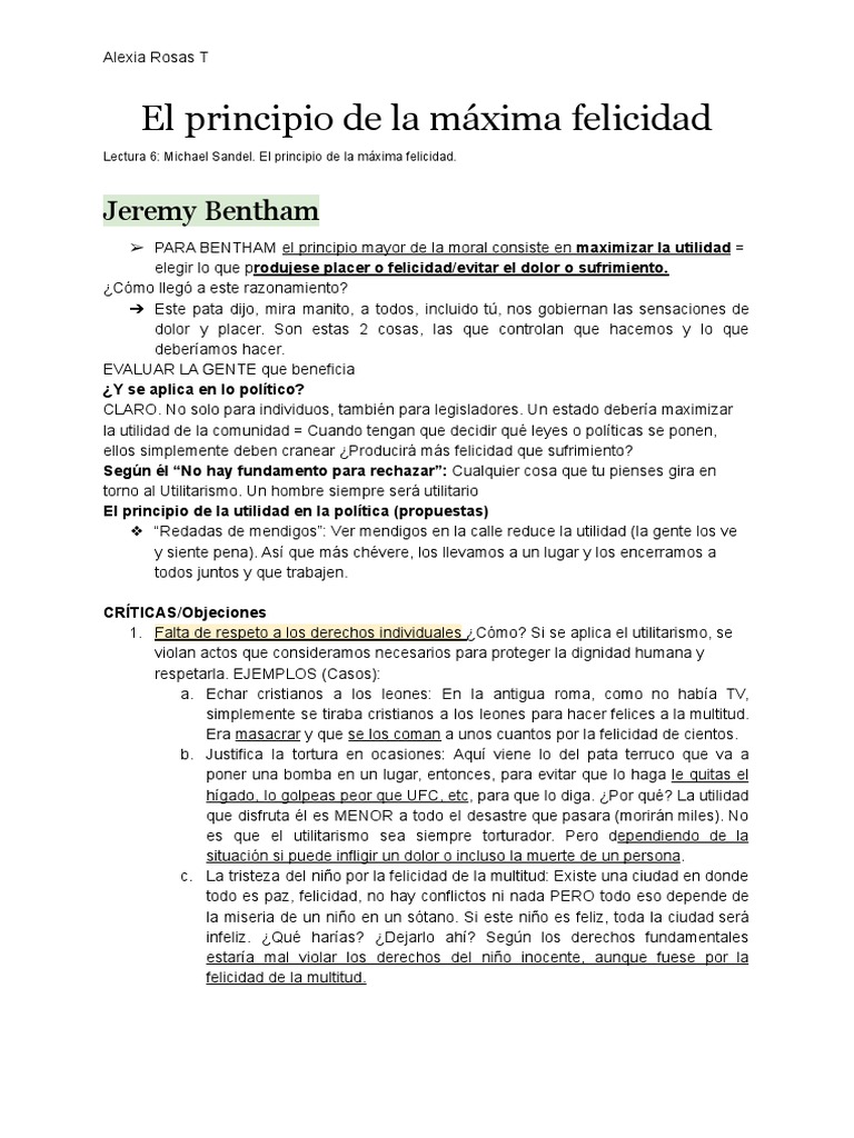 Lectura 6 - Michael Sandel. El Principio de La Maxima Felicidad. 1 PDF | PDF | Placer | Utilitarismo