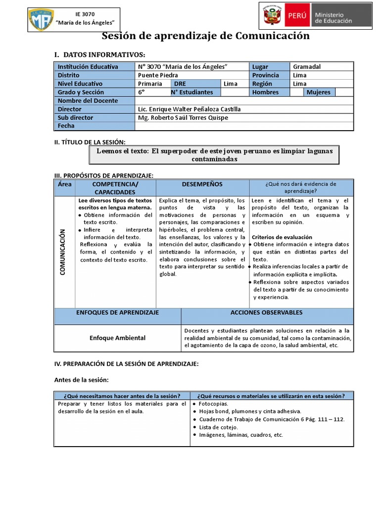 Sesión de Aprendizaje Comunicación Comprensión Lectora | PDF | Aprendizaje | Lima