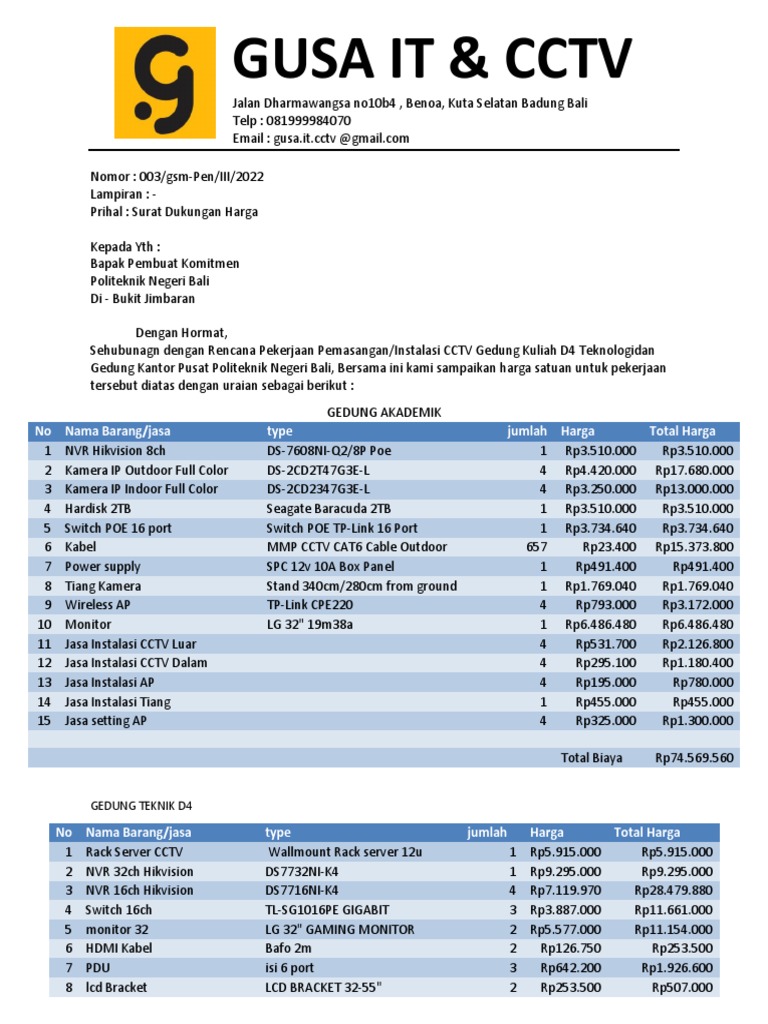 Penawaran CCTV Genung Politeknik Negeri Bali 2022 | PDF