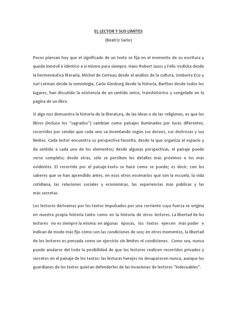 El Lector y Sus Limites - Beatriz Sarlo | PDF
