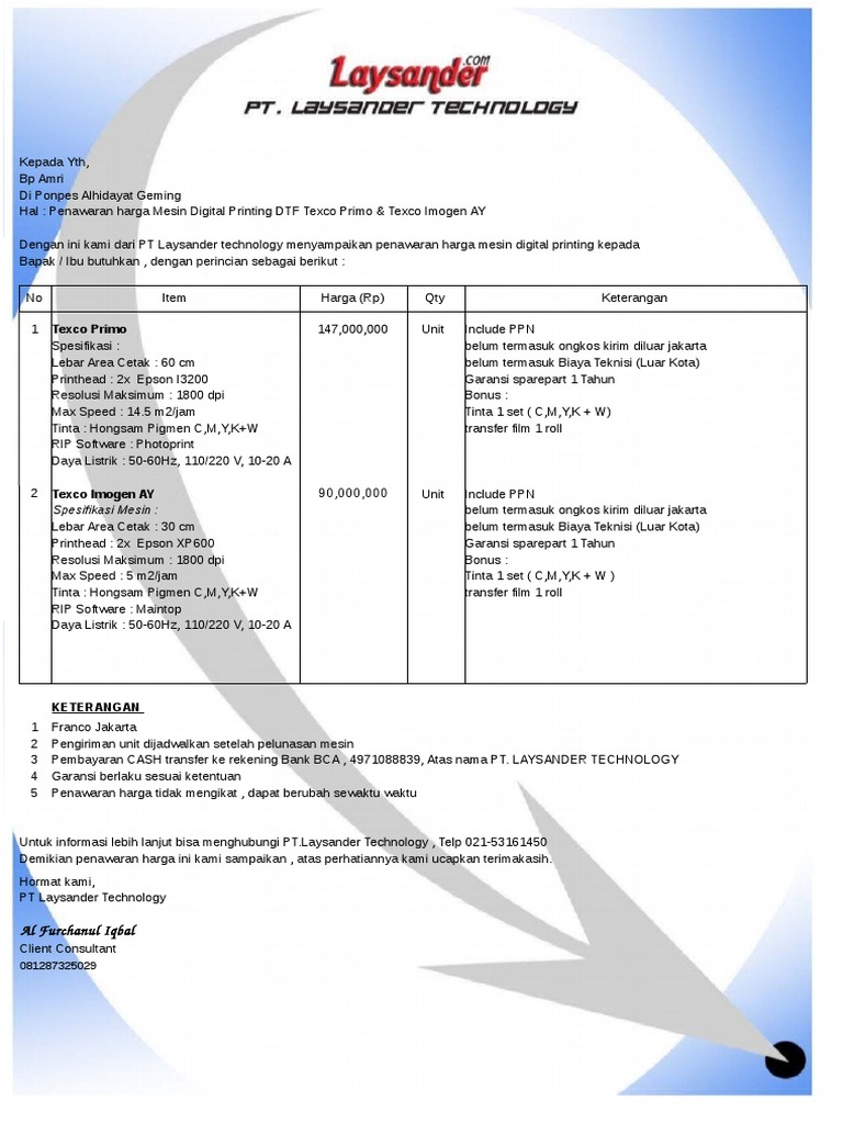 Penawaran Mesin Digital Printing DTF - BP - Amri PDF | PDF