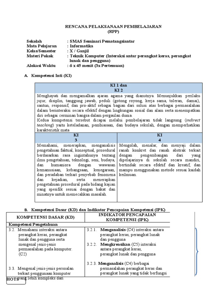 RPP Informatika Sma Kelas X Semester 1 | PDF