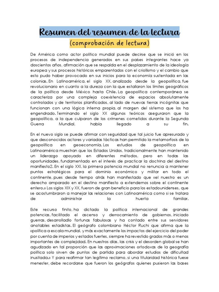 Resumen Del Resumen de La Lectura (Comprobacion de Lectura) | PDF ...