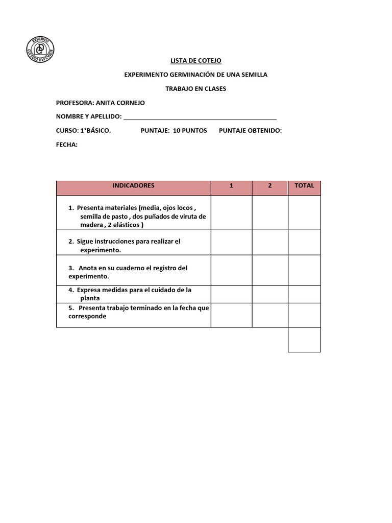 LISTA DE COTEJO EXPERIMENTO GERMINACIÓN DE UNA SEMILLA | PDF