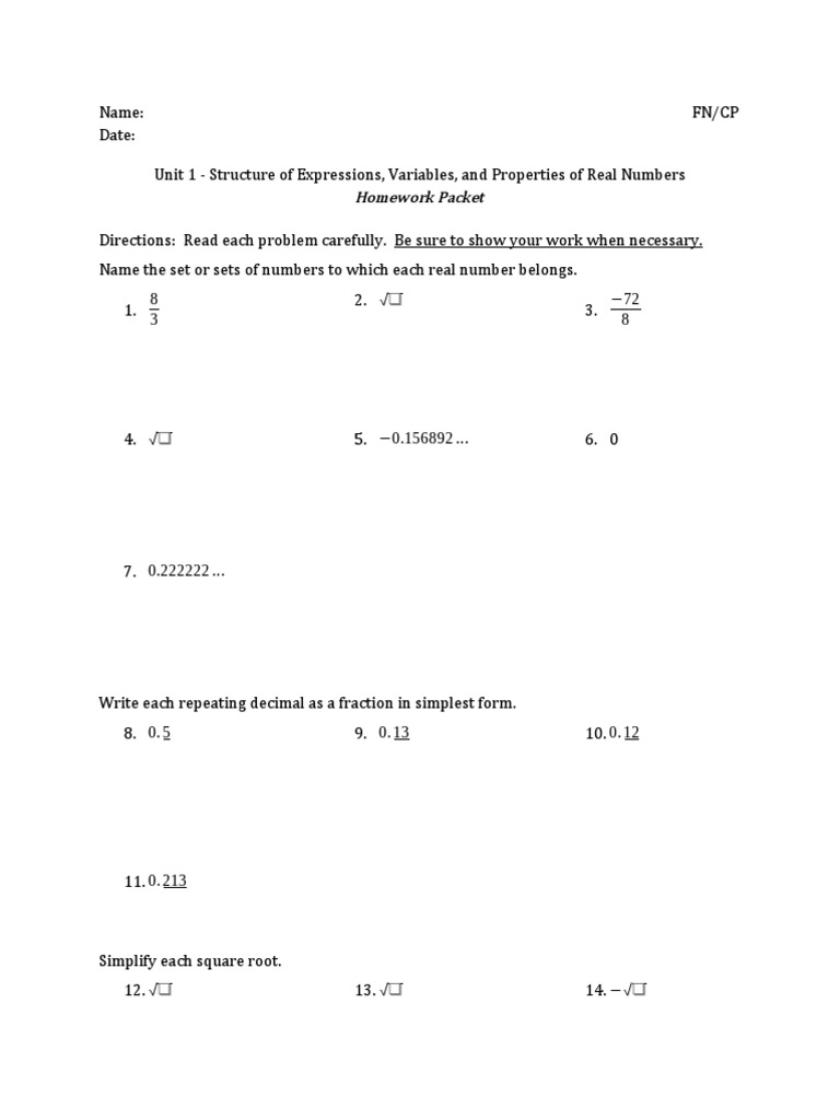 Unit 1 Homework Packet - Structure of Expressions, Variables, and ...