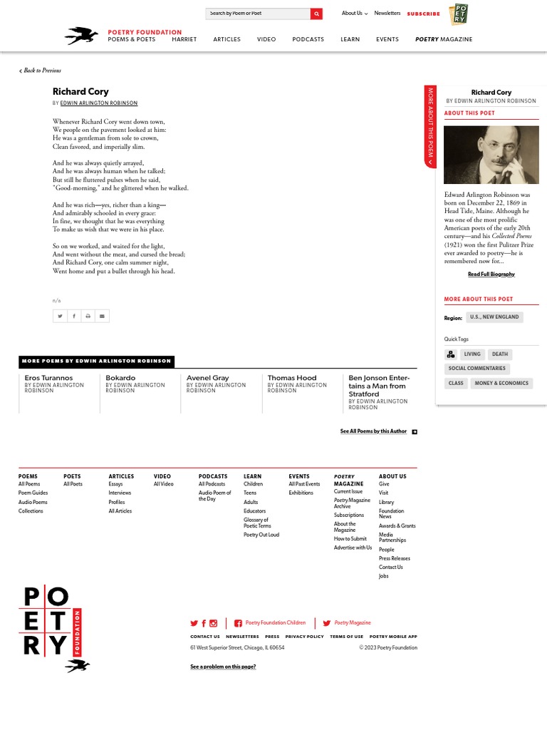 Richard Cory by Edwin Arlington Robinson Poetry Foundation PDF | PDF