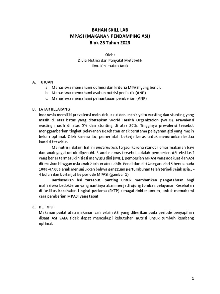 Bahan Skill Lab Mpasi | PDF