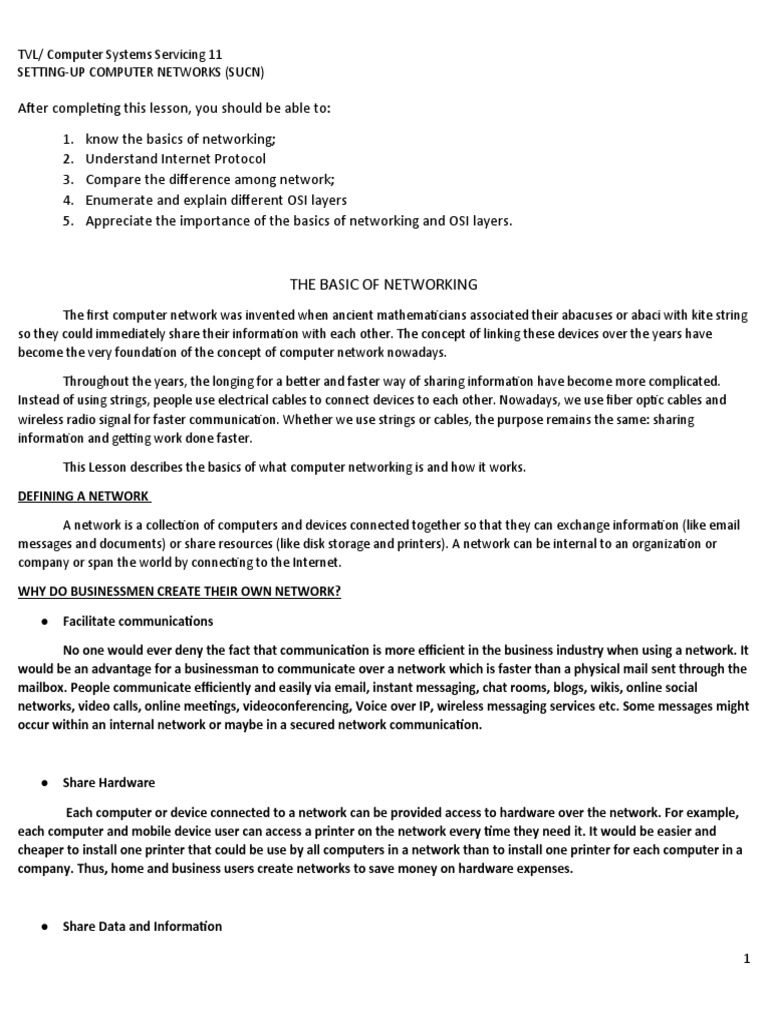 Grade 11 - Week 7 Infosheet The Basic of Networking | PDF | Computer Network | Osi Model