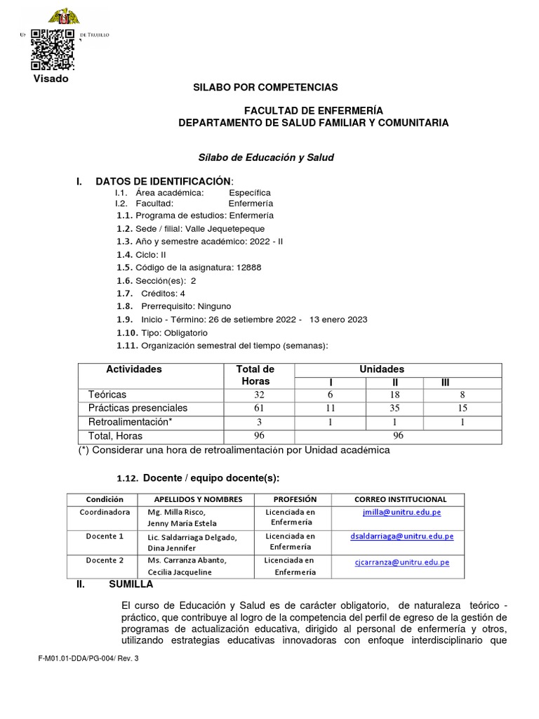 Silabo Visado de Educación y Salud | PDF | Evaluación | Cognición