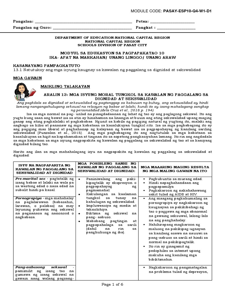 Module Code: Pasay-Esp10-Q4-W1-D1: Pre-Marital Sex - Pagtatalik NG | PDF