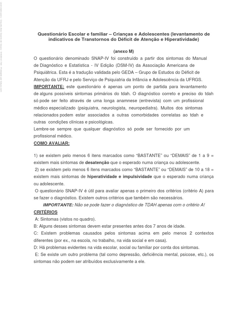 Questionário para avaliação de sintomas de TDAH em crianças e ...