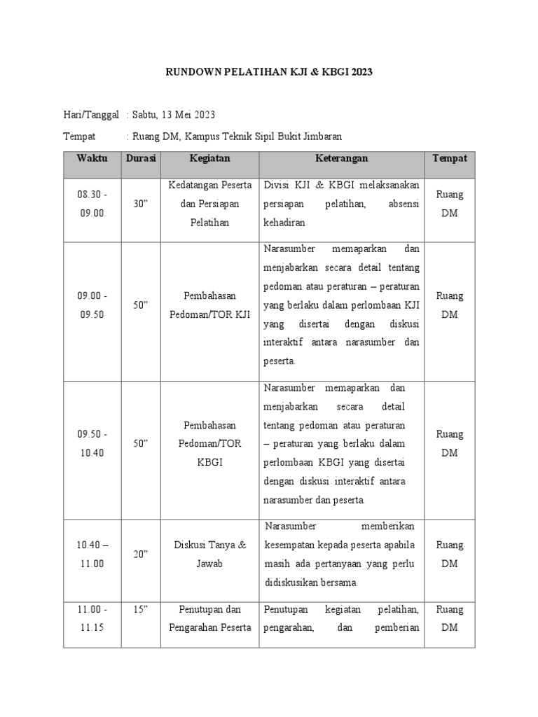 Rundown Pelatihan Kji & Kbgi 2023 | PDF