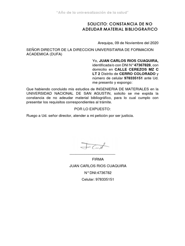 Constancia de No Adeudar Material Bibliografico | PDF