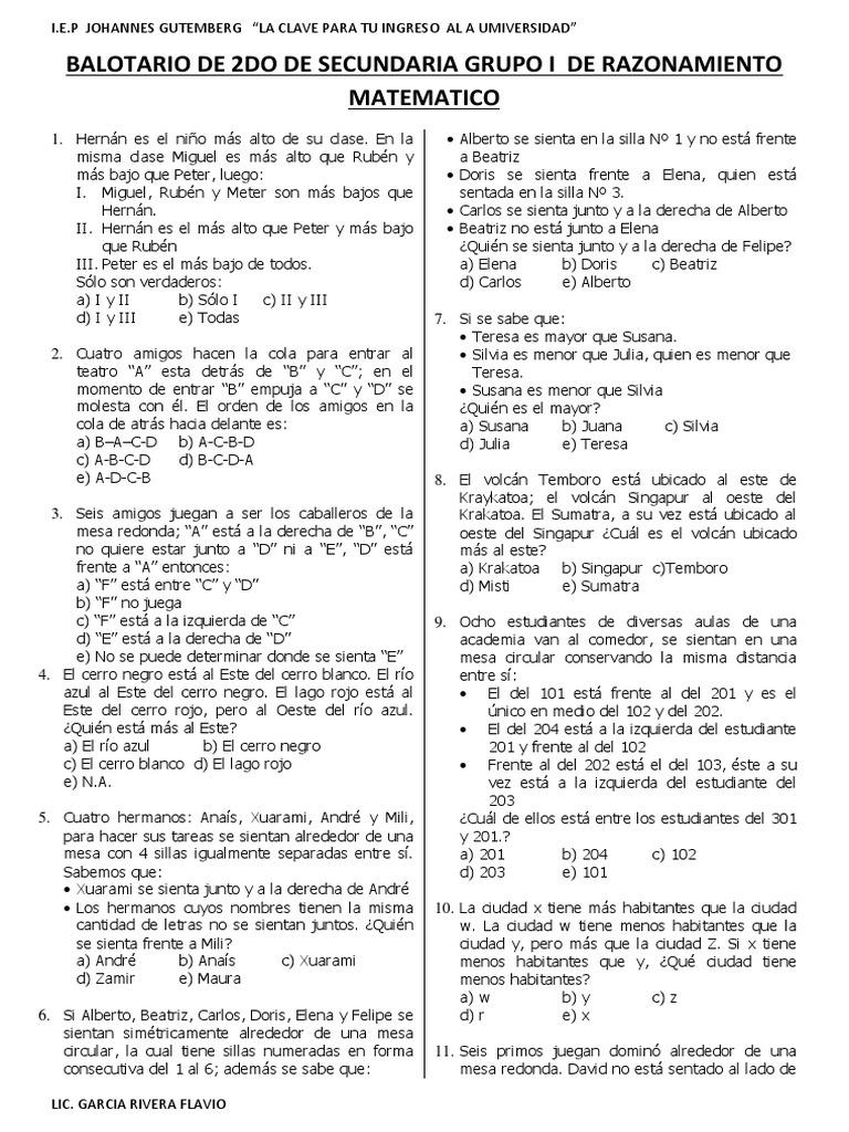 2do de Sec Razonamiento Matematico 2° Grupo I PDF | PDF