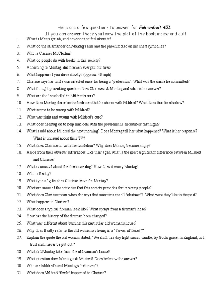 Fahrenheit 451-Study Guide Questions | PDF