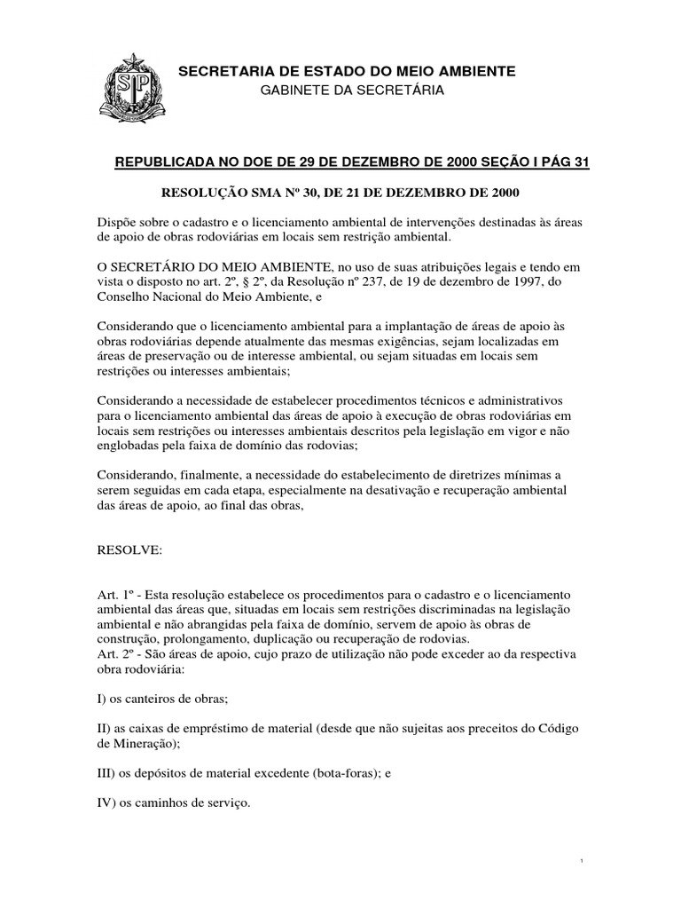 Resolução SMA 030 2000 PDF | PDF | Erosão | Estado