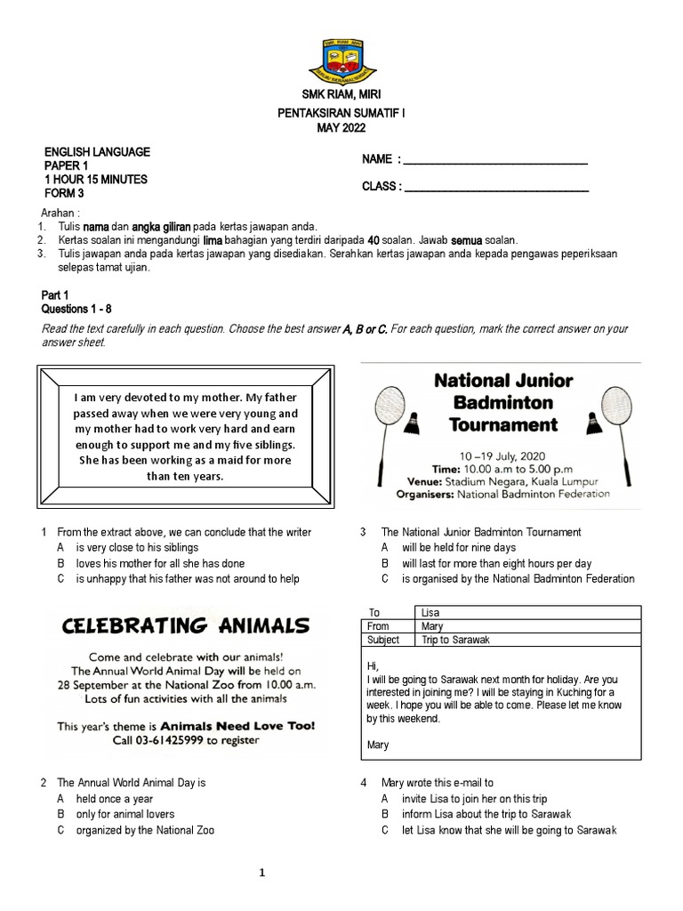 Exam Form 3 Paper 1 May 2023 | PDF