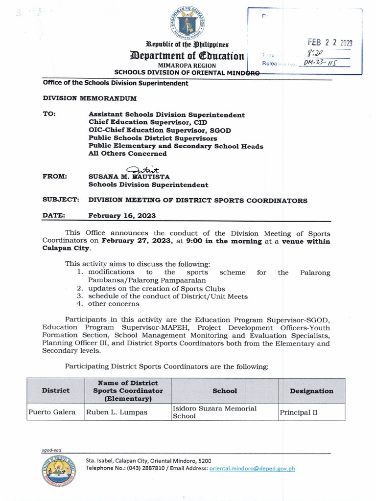 Division Meeting of District Sports Coordinators | PDF