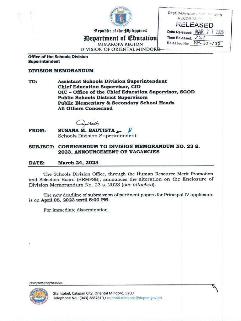 Corrigendum to Division Memorandum No. 23, s. 2023, Announcement of ...
