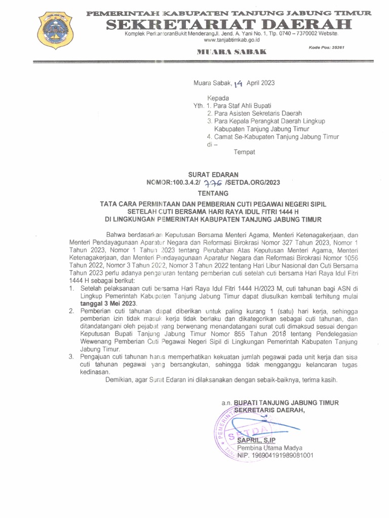 Surat Edaran Cuti Asn PDF | PDF