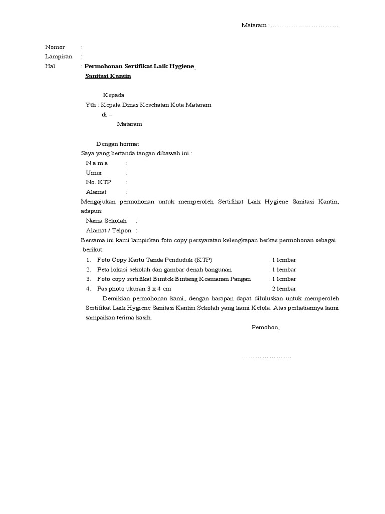 Permohonan Laik Hygiene Sanitasi Kantin | PDF
