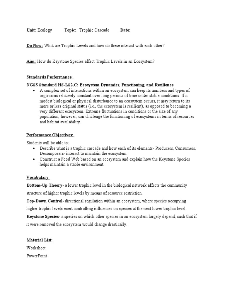 Trophic Cascades Lesson Plan | PDF | Food Web | Ecosystem