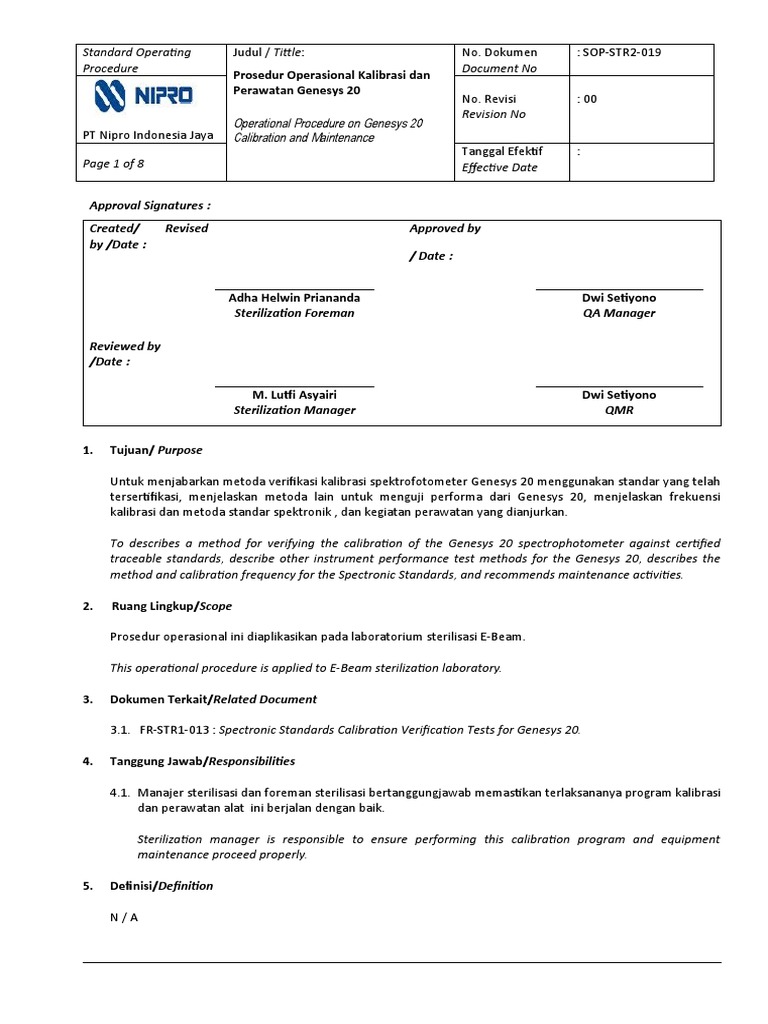 SOP - STR1 - 019 - Operational Procedure On Genesys 20 Calibration and ...