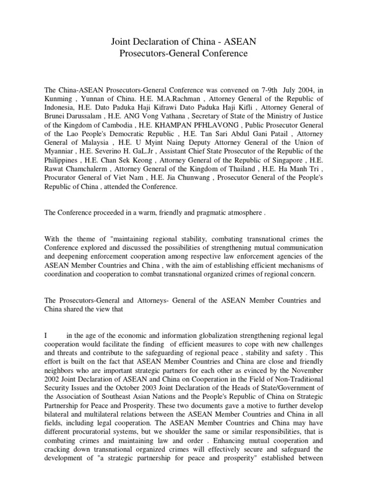 Joint Declaration of China - Asean Prosecutors - General Conference ...