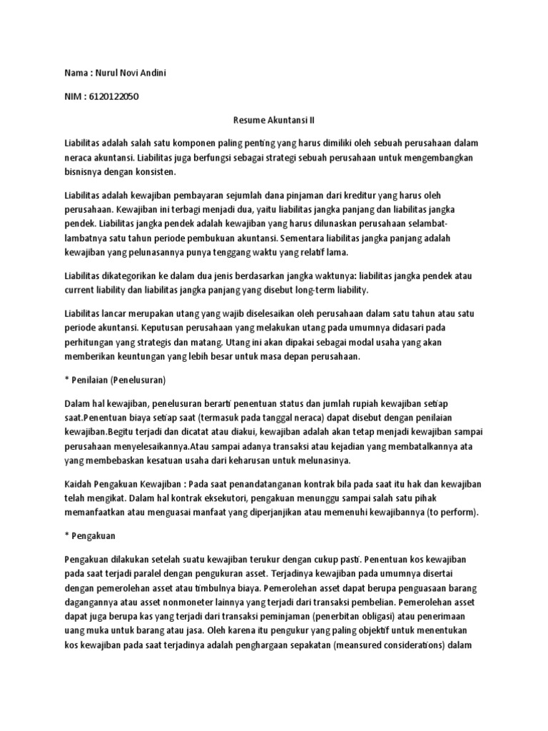 Resume Akuntansi II - Nurul Novi Andini | PDF | Pengelolaan Keuangan ...