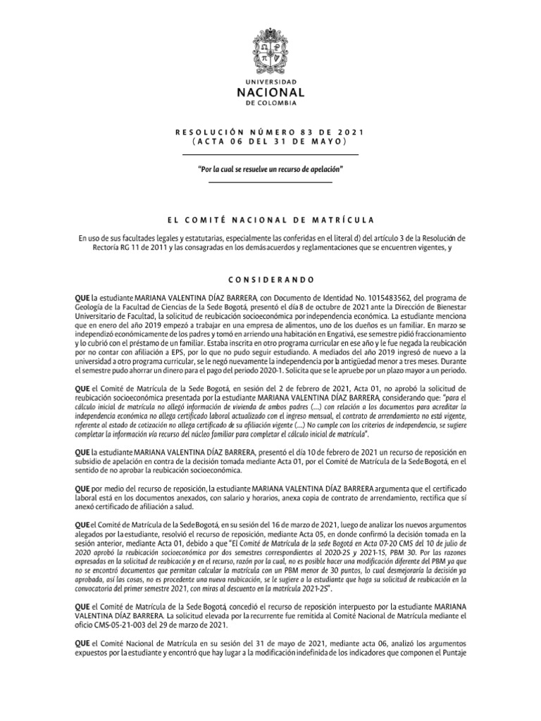 Resolución 83 de 2021 Mariana Valentina Díaz Barrera PDF | PDF