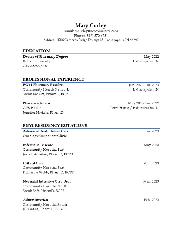 Mary Curley CV | PDF | Pharmacy | Hospital