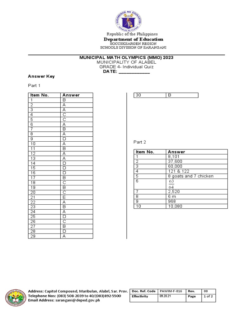 Grade 4 Math Olympics Quiz Answer Key | PDF