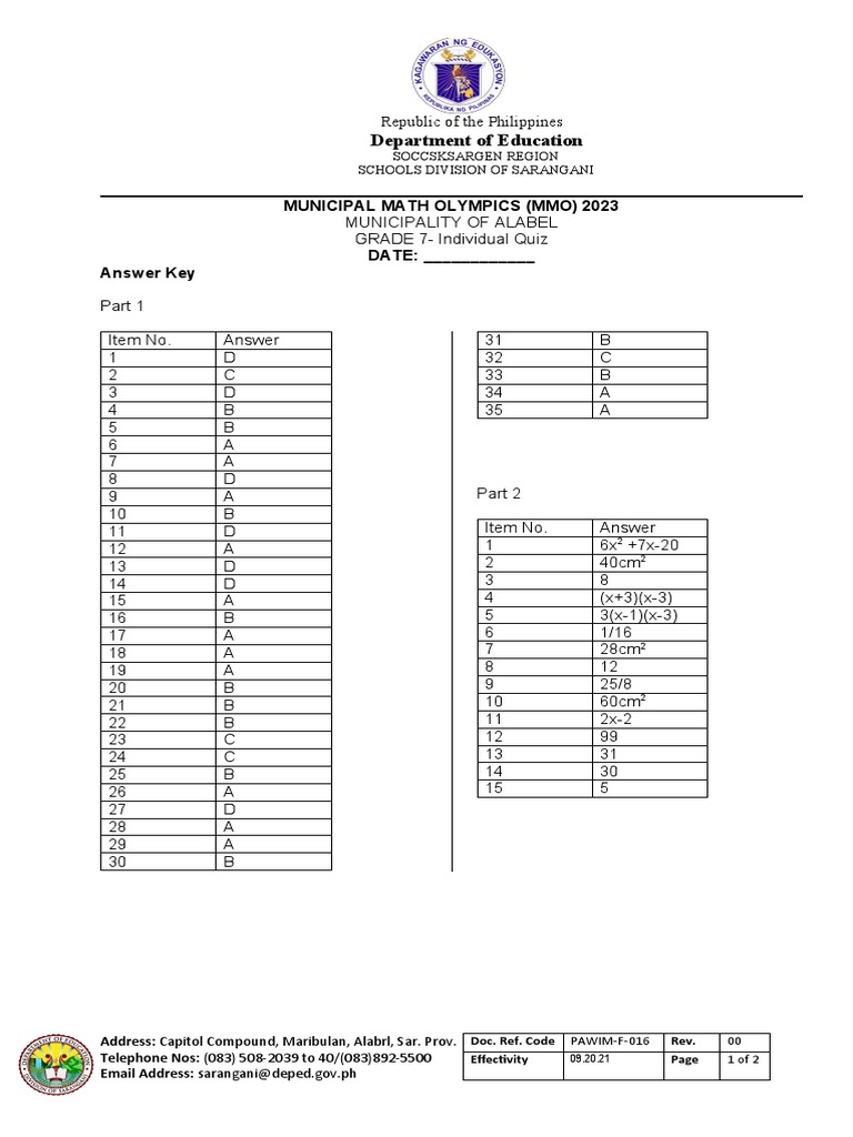 Grade 7 Math Olympics Answer Key 2023 | PDF