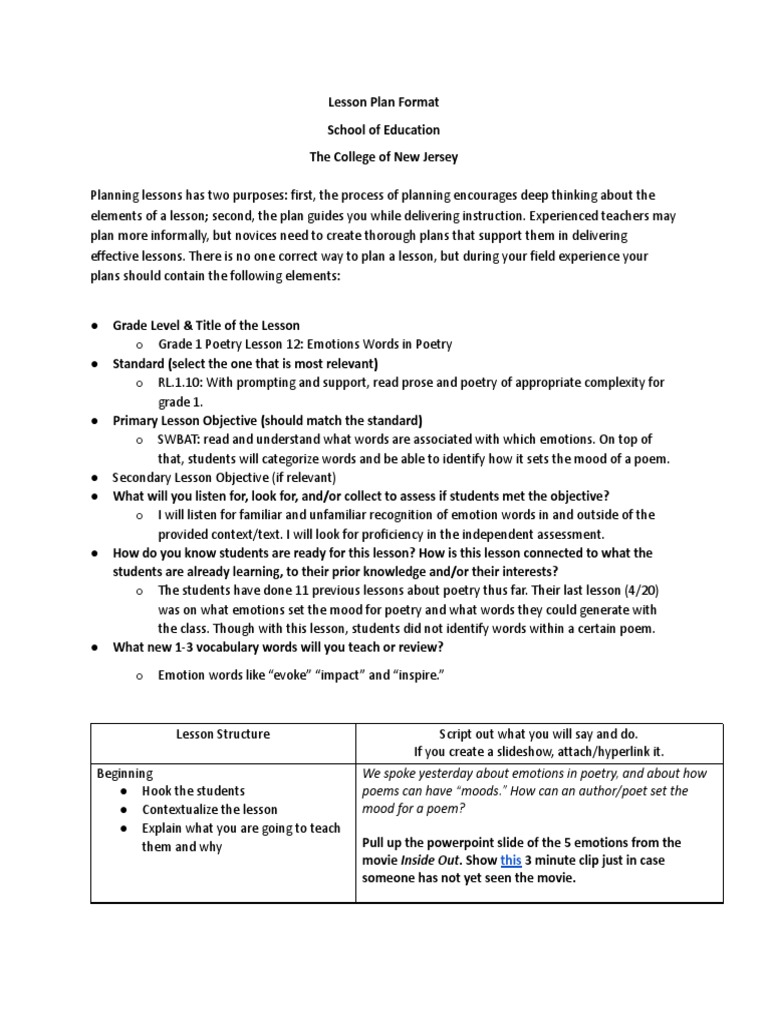 Lesson Plan 4 21 Emotion Words in Poetry Reading | PDF | Lesson Plan ...