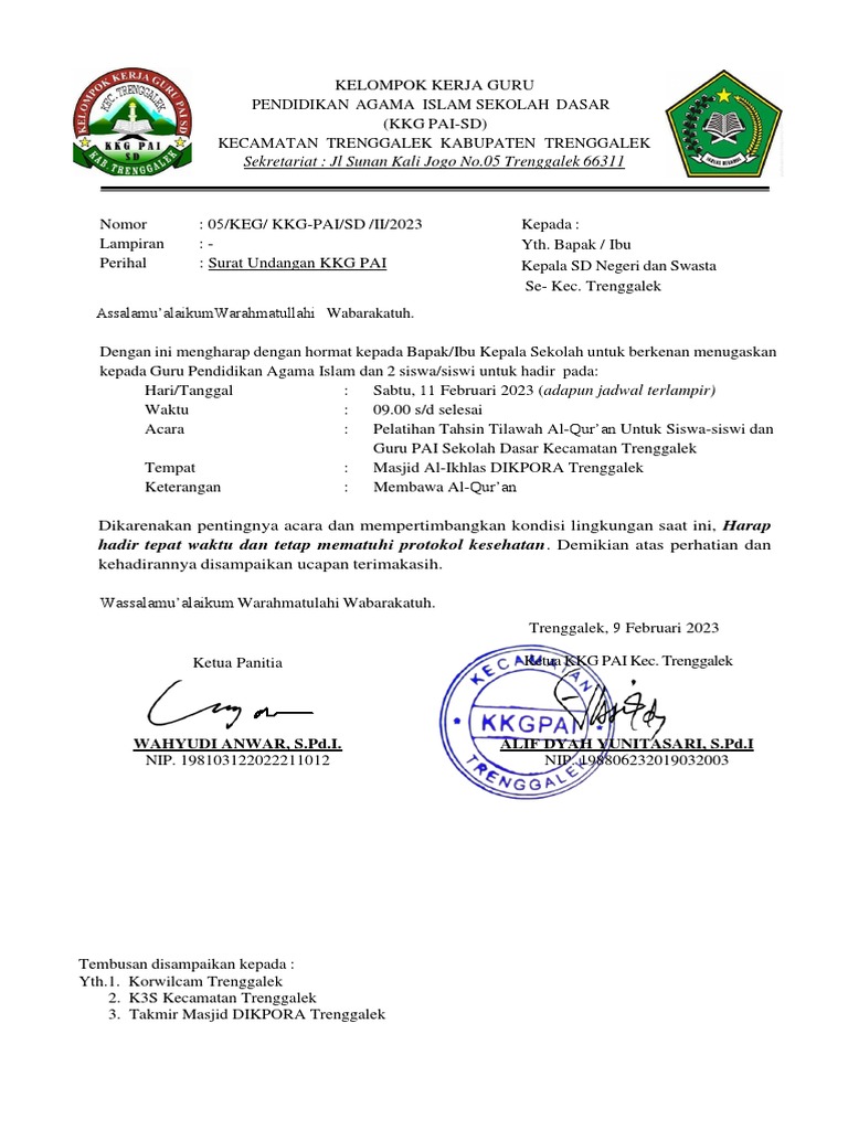 Undangan Pelatihan Tahsin PAI SD Trenggalek | PDF