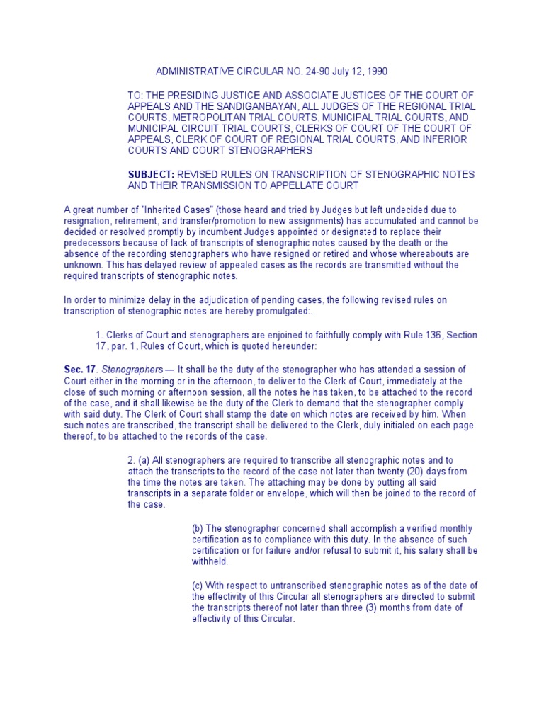 Procedure For Transcription of Stenographic Notes | PDF | Law Clerk | Judge
